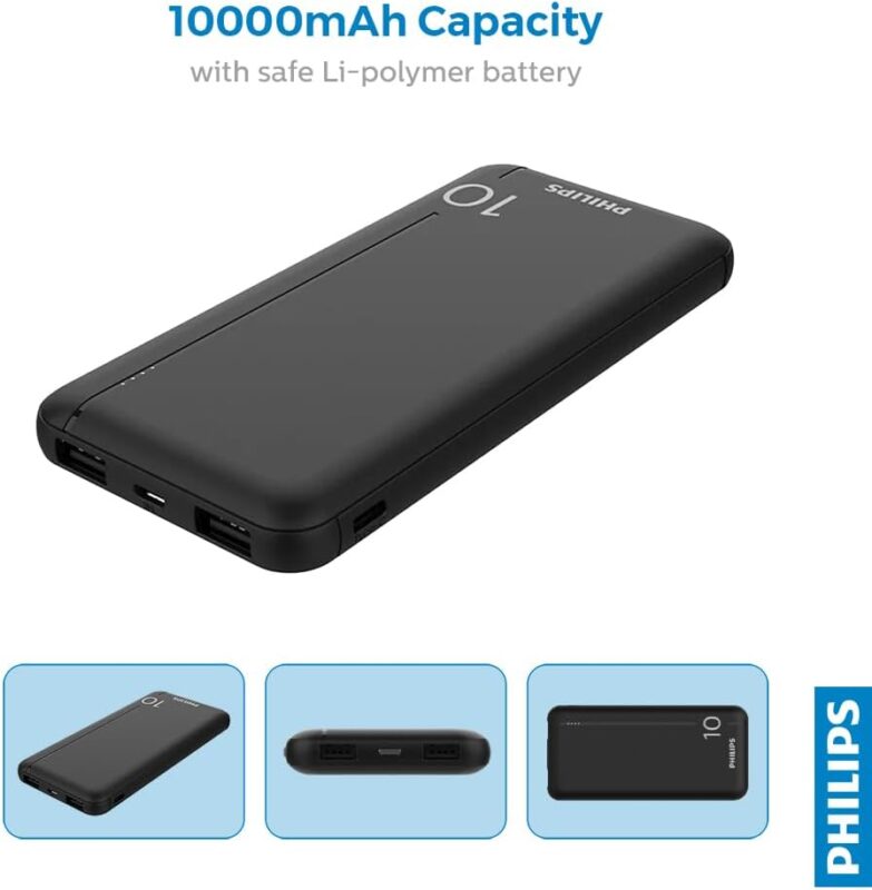 Philips 10000mAh Power Bank 5V/2.1A with Dual USB A and USB-C Input ...