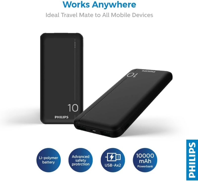 Philips 10000mAh Power Bank 5V/2.1A with Dual USB A and USB-C Input ...