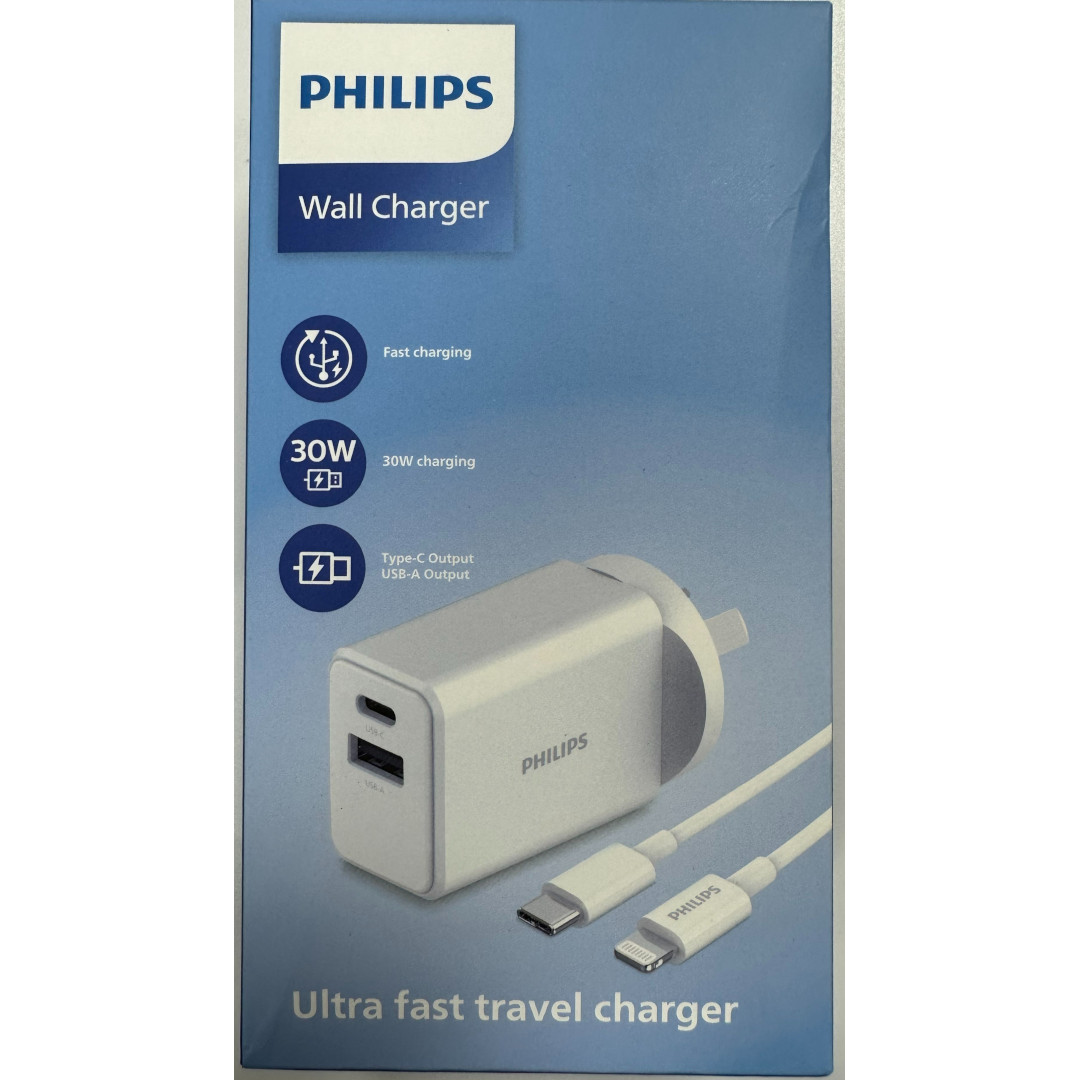 Philips 30W Power Adapter Wall Charger with 1.25m USB-C to Lightning ...